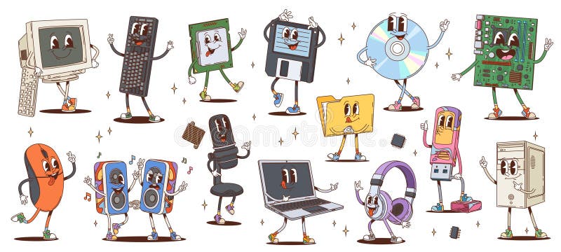 Cartoon Groovy Computer Characters and Gadgets Stock Illustration ...