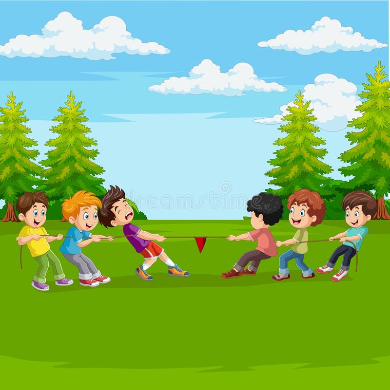 Cartoon Group of Children Playing Tug of War in the Park Stock Vector ...