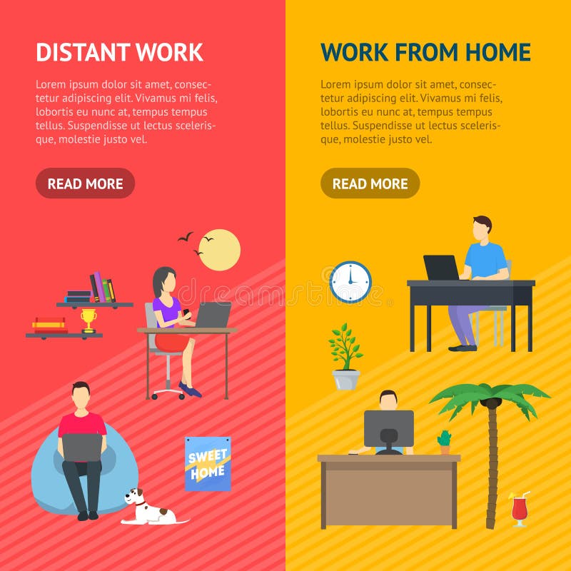 Cartoon Group of Distant Work Characters People Banner Vecrtical Set ...