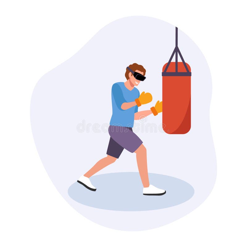 Cartoon Guy Hits Punching Bag with Virtual Reality Glasses Vector Stock ...