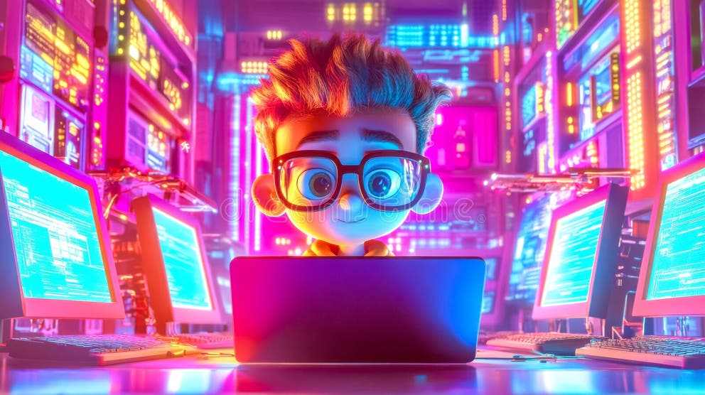 Cartoon Hacker Programming on Laptop in Server Room Stock Photo - Image ...