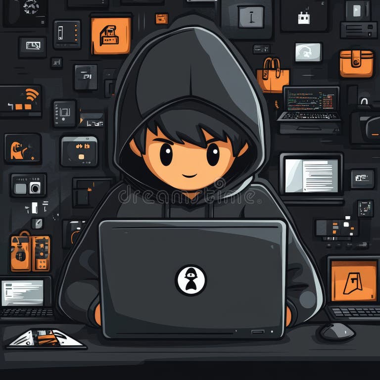 Cartoon Hacker Character on Laptop with Technology Background Stock ...