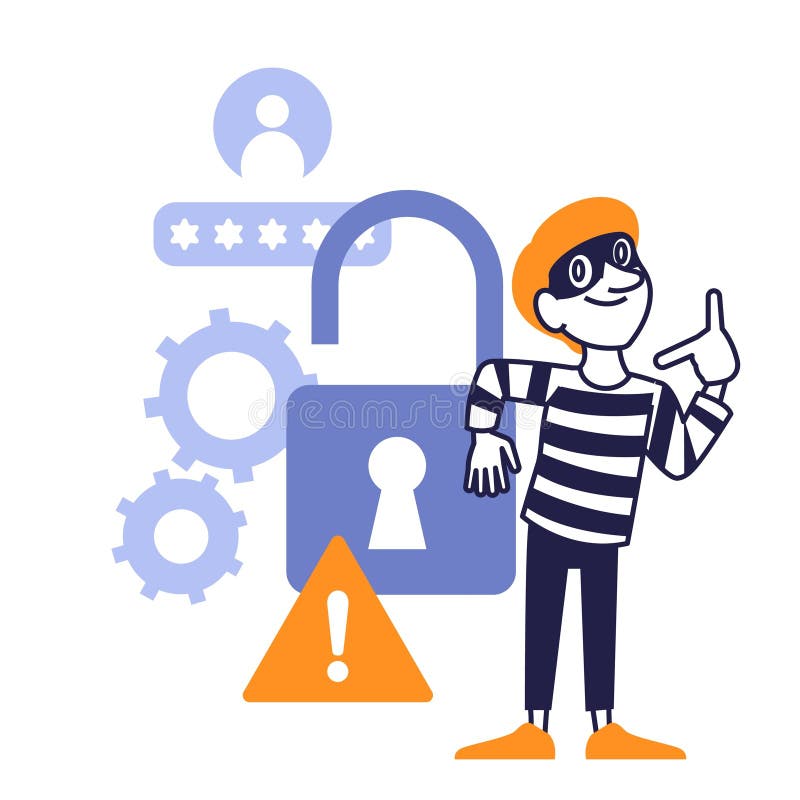 Cartoon Hacker with Open Padlock and Warning Icon Stock Vector ...