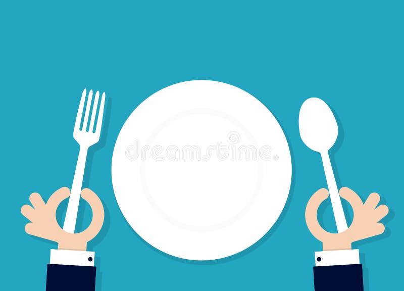 Cartoon Hahds Holding Fork and Spoon with Empty Plate Stock Vector ...