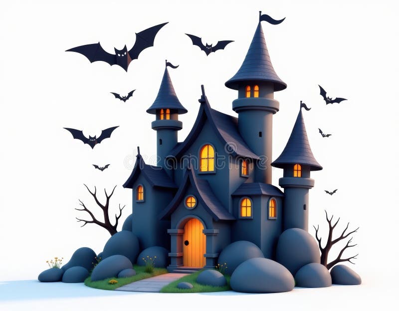 Cartoon Halloween Castle with Bats Stock Illustration - Illustration of ...