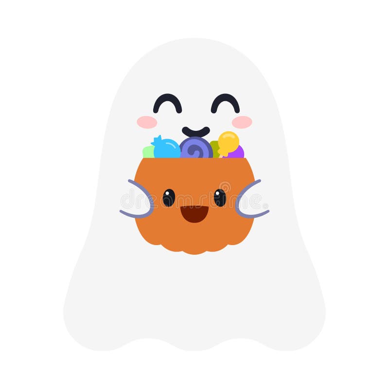 Happy Ghost Holding Pumpkin Basket Full of Sweets and Candy Stock ... Happy Ghost Holding Pumpkin Basket Full of Sweets and Candy Stock ...