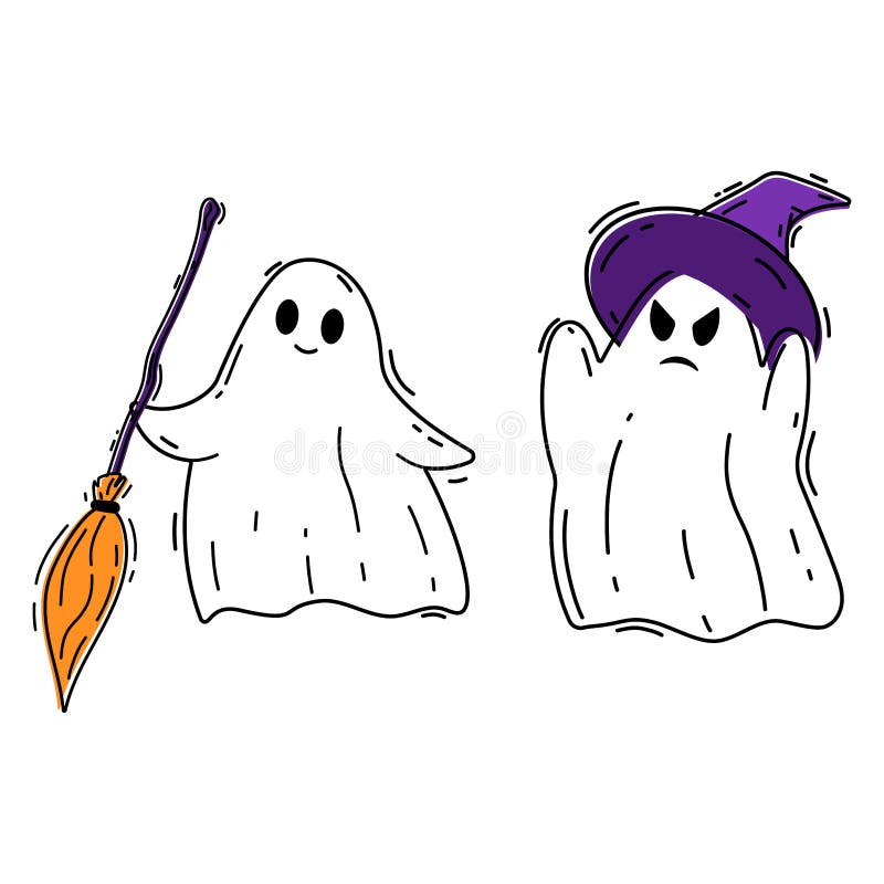 Cartoon Halloween Ghosts with Broom and Witch Hat Stock Vector ...