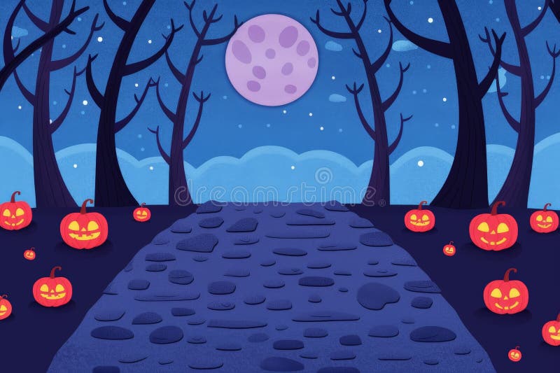 Cartoon Halloween Scene with Jack-o-lanterns and a Full Moon in a ...