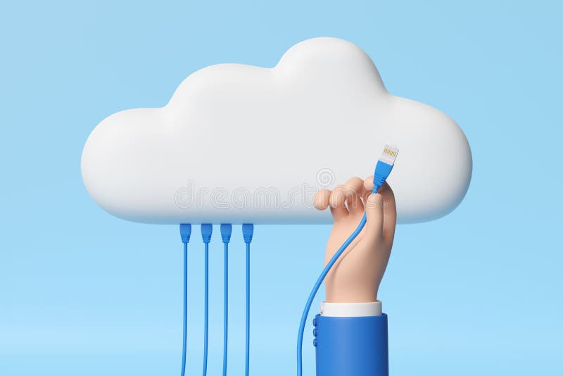 Cartoon Hand Connecting a Network Cable To a Cloud. 3d Illustration ...