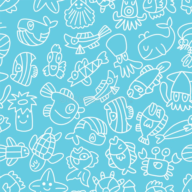Cartoon Hand Draw Fish Seamless Pattern Stock Vector - Illustration of ...