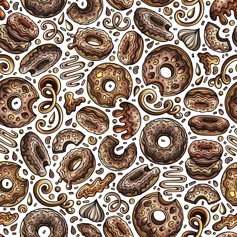 Cartoon Hand-drawn Chocolate Donuts Seamless Pattern Stock Vector - Illustration of doughnut ...