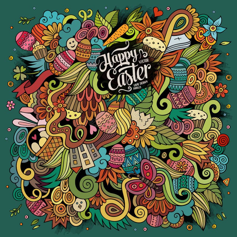 Cartoon Hand-drawn Doodles Easter Vector Background Stock Vector ...