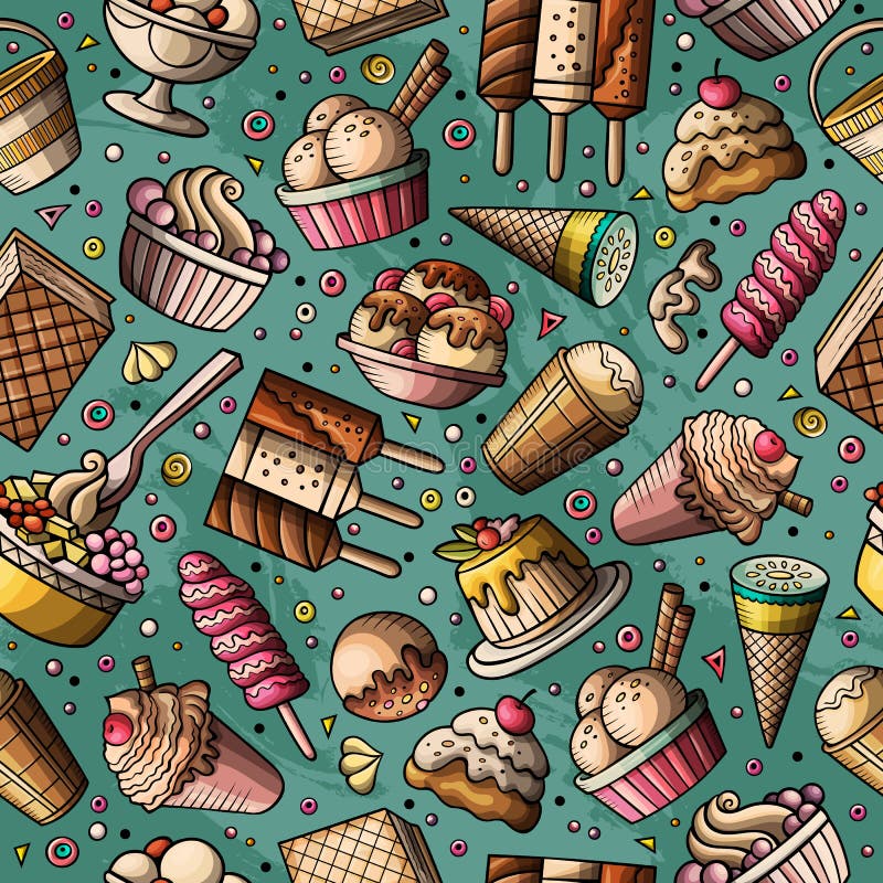 Cartoon Hand Drawn Ice Cream Doodles Seamless Pattern Stock Vector