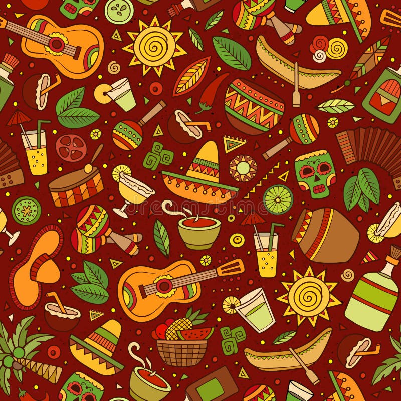 Cartoon Hand-drawn Latin American, Mexican Seamless Pattern Stock ...