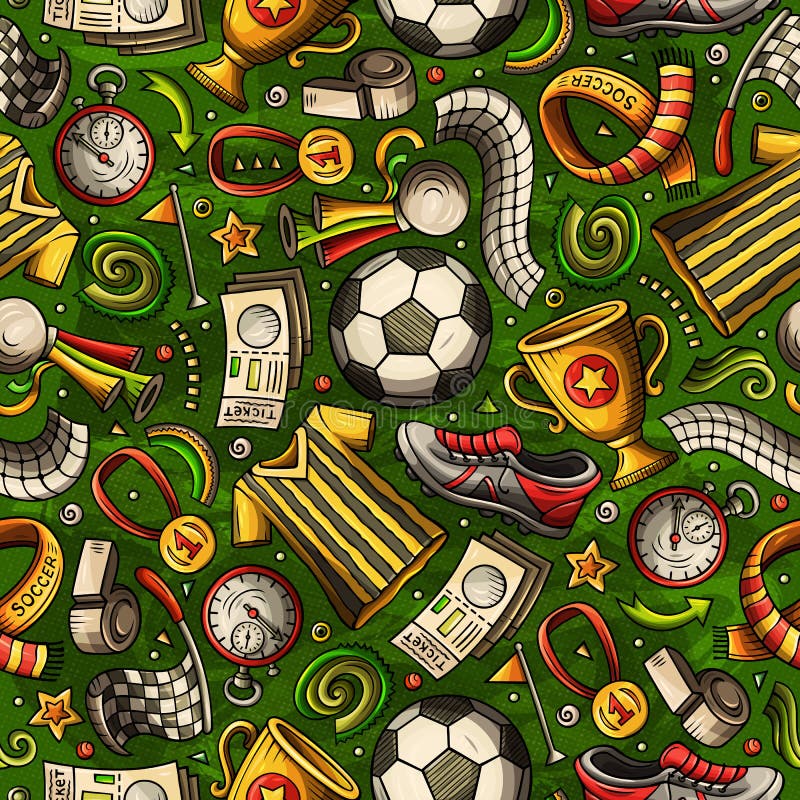 Cartoon Hand-drawn Soccer Seamless Pattern Stock Vector - Illustration ...