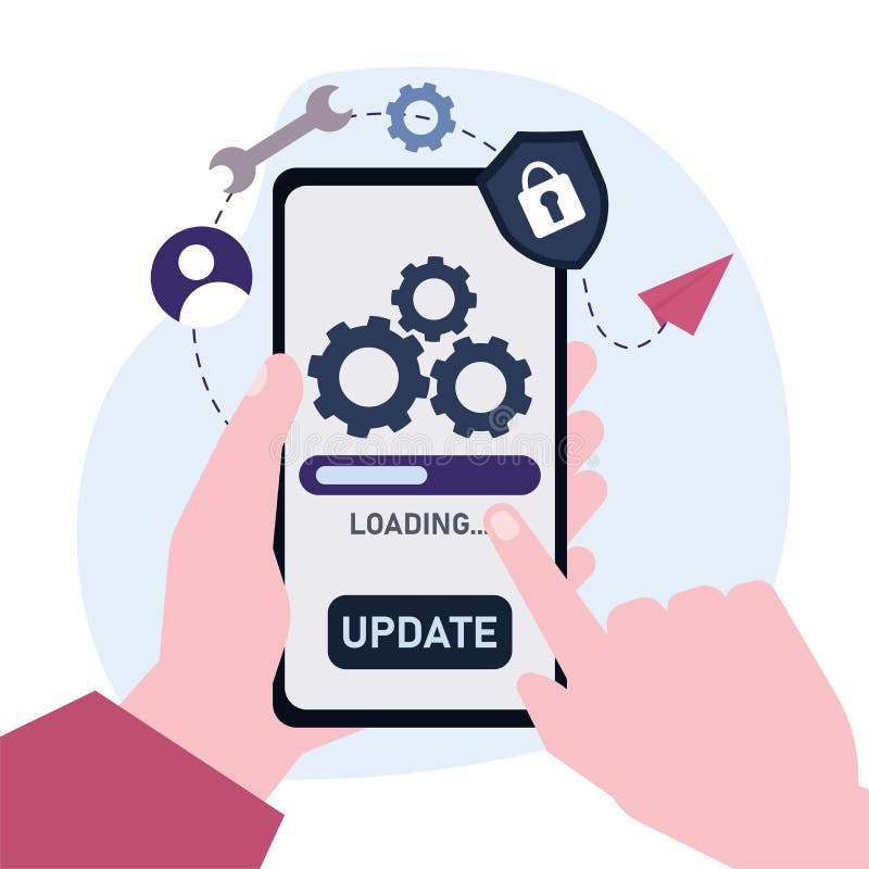 Cartoon Hand Holding Mobile Phone with System Update. Improvement ...