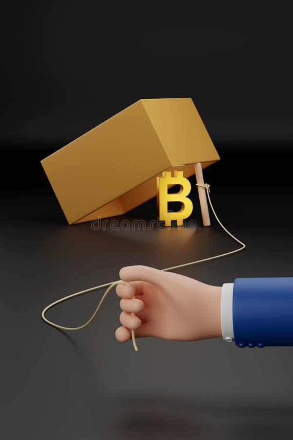 Cartoon Hand Holding the Rope of a Box Trap with a Bitcoin Symbol ...