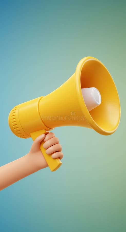 Cartoon Hand Holding Yellow Megaphone Against Teal Gradient Background ...
