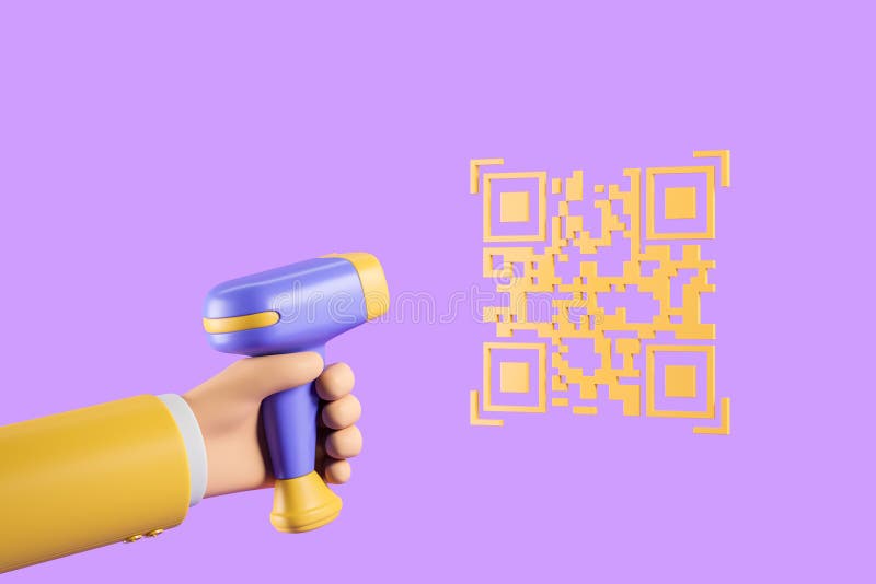 Cartoon Hand with Laser Scanner and QR Code on Smartphone Mockup ...