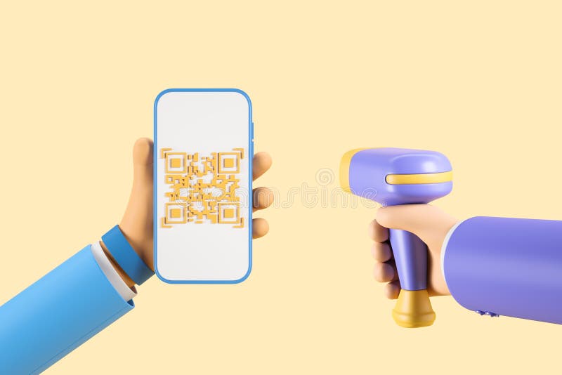 Cartoon Hand with Laser Scanner and QR Code on Smartphone Mockup ...