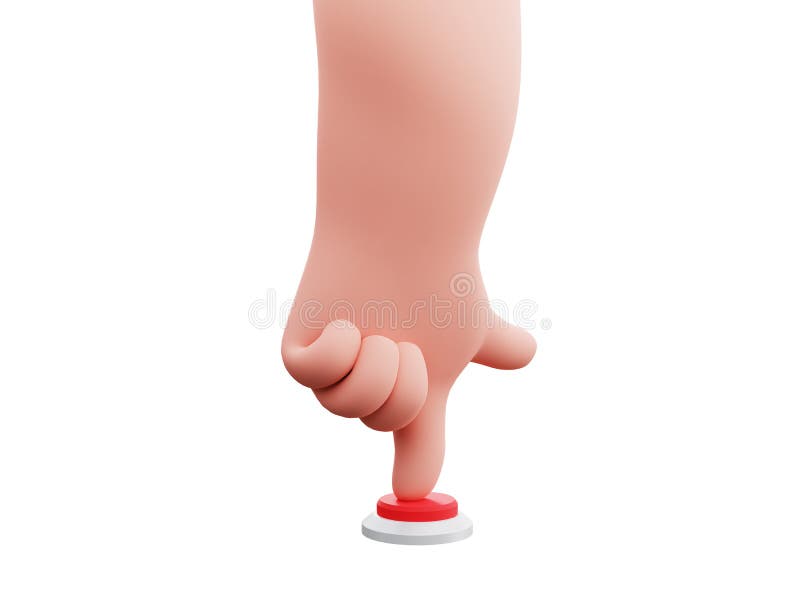 Cartoon Hand Pressing Finger at Red Button. 3D Rendered Illustration ... Cartoon Hand Pressing Finger at Red Button. 3D Rendered Illustration ...