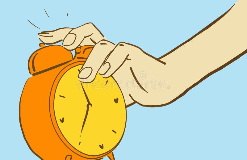 Cartoon Hand Reaches For A Ringing Alarm Clock To Turn It Off Stock