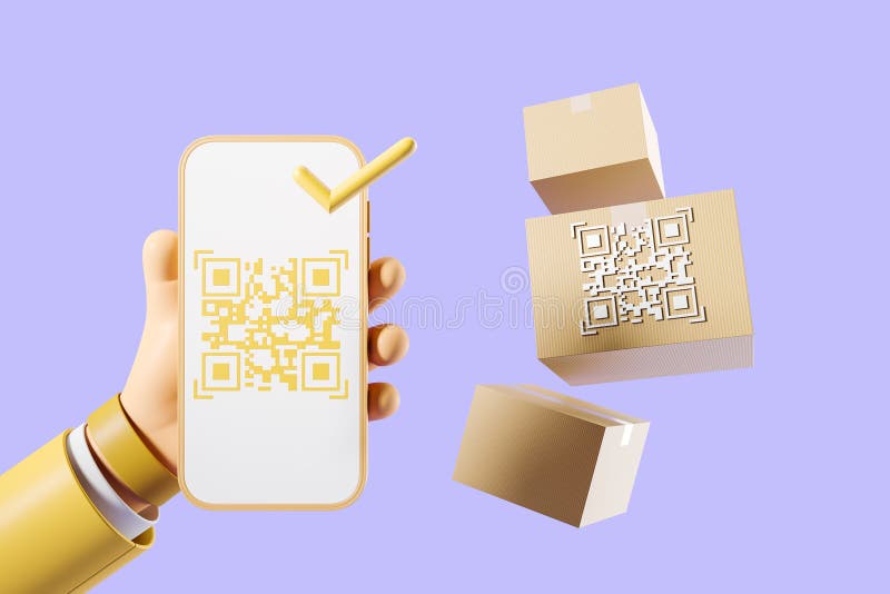 Cartoon Hand with Smartphone Empty Screen, Parcels and QR Code Stock ...