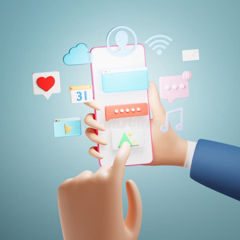 Cartoon Hand Using Smartphone with Social Media App Icon Stock ...