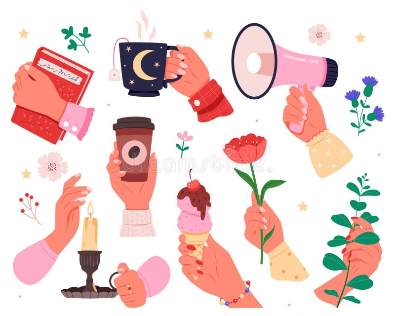 Cartoon Hands Holding Objects Collection Stock Illustration ...