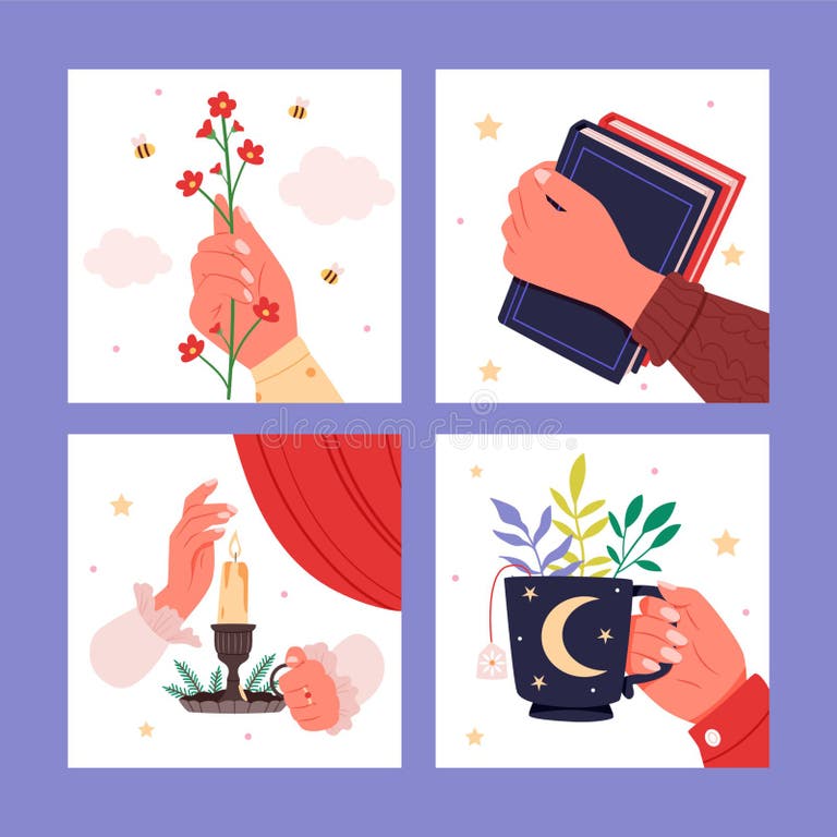 Cartoon Hands Holding Objects Compositions Stock Illustration ...