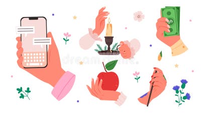 Cartoon Hands Holding Objects Set Stock Illustration - Illustration of ...