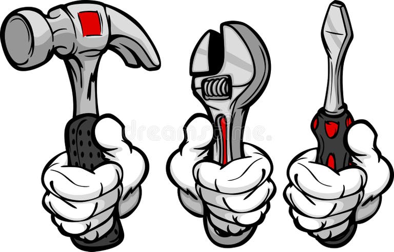 Cartoon Hands Holding Tools Stock Vector - Illustration of icon, fixit ...