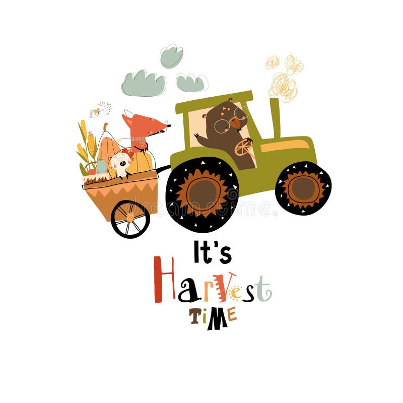 Cartoon Happy Animals Riding on Tractor with Harvest Stock Vector ...