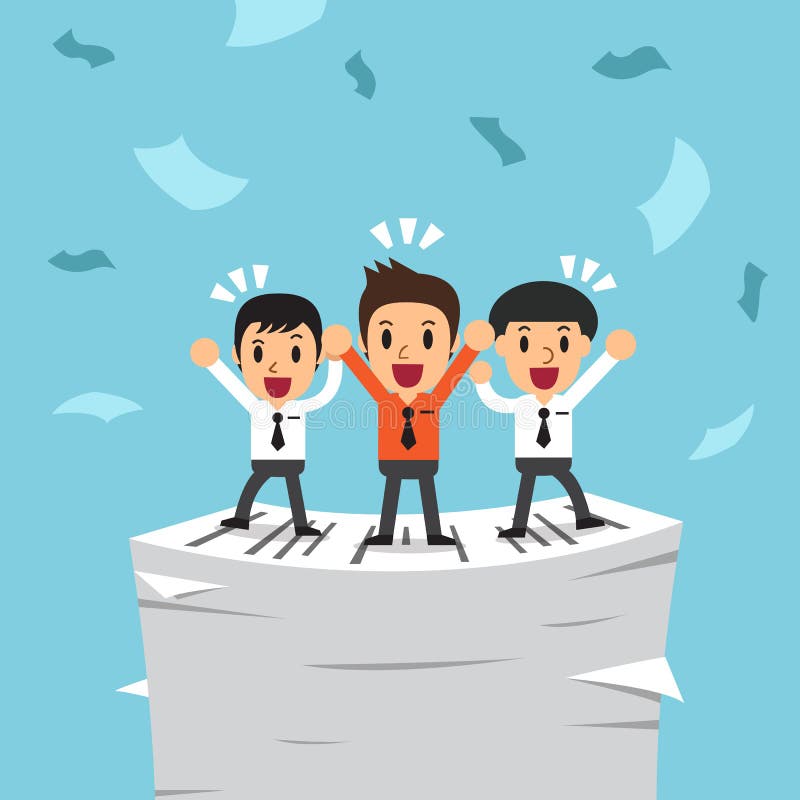 Cartoon Happy Business Team on Big Paper Stack Stock Vector ...