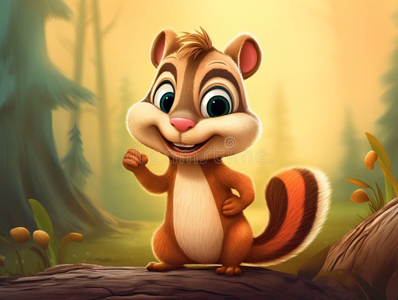 Cartoon Happy Chipmunk Standing in the Forest at Sunset Time Stock ...
