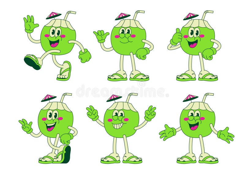 Cartoon of Happy Coconut Character with Various Pose Stock Vector ...