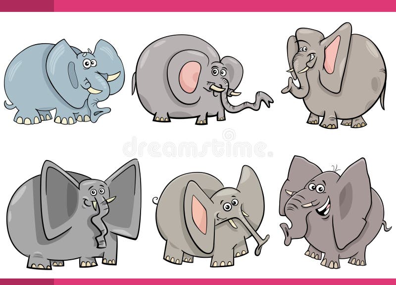 Cartoon Happy Elephants Comic Characters Set Stock Vector ...