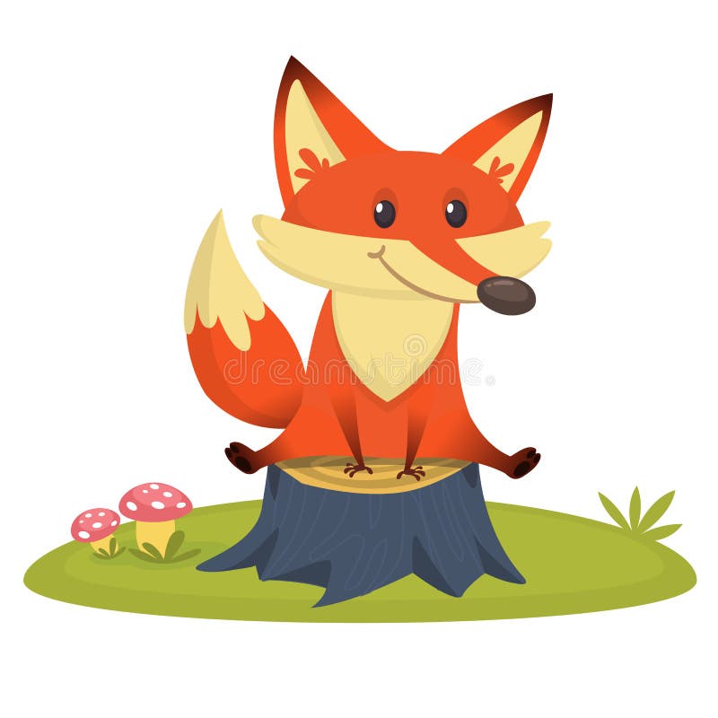 Cartoon Happy Fox Sitting on Tree Stump. Vector Illustration. Stock ...