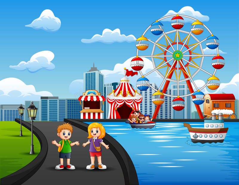 Cartoon of Amusement Park with Ferris Wheel on Urban Background Stock ... Cartoon of Amusement Park with Ferris Wheel on Urban Background Stock ...