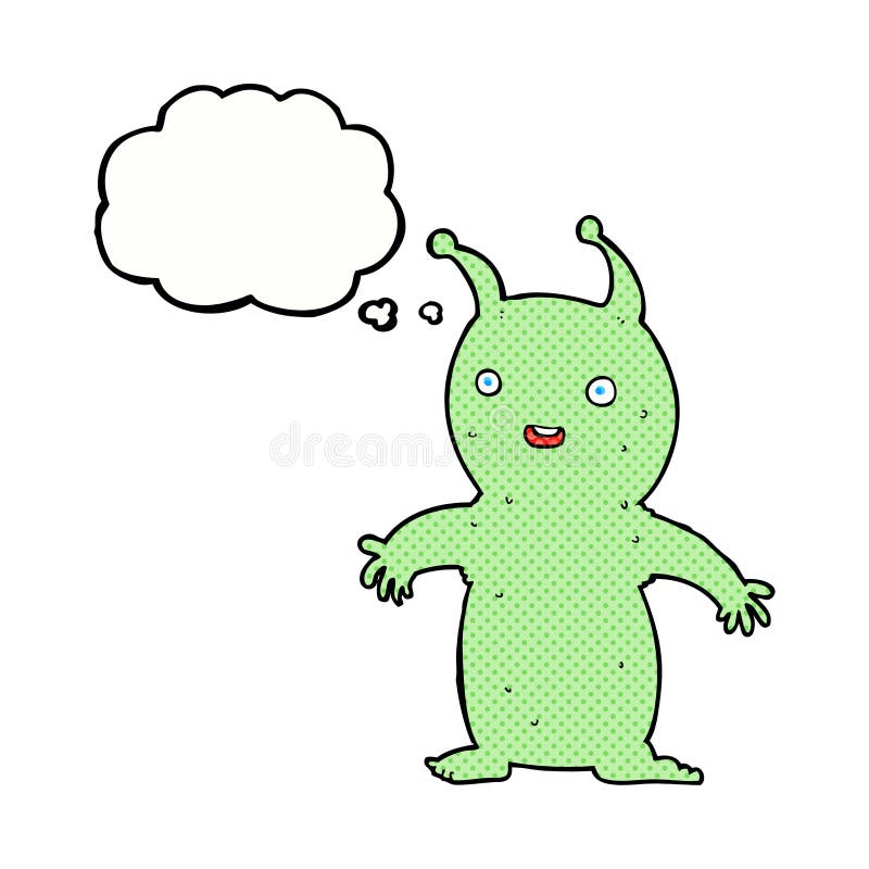 Cartoon Happy Little Alien with Thought Bubble Stock Illustration ...