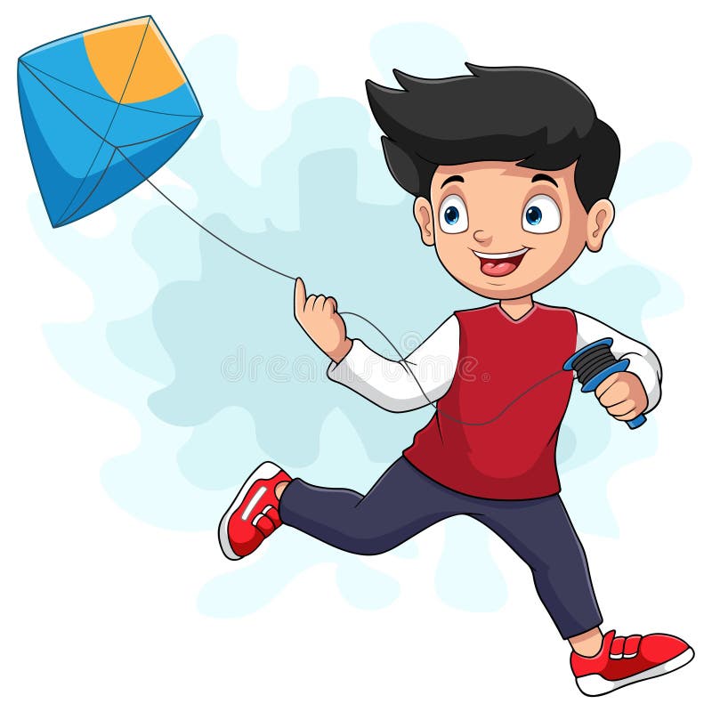 Cartoon Happy Little Boy Playing a Kite Stock Vector - Illustration of ...