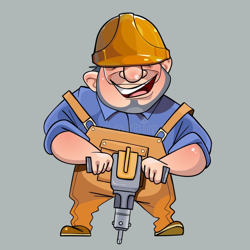 Cartoon Happy Man in Helmet and Working Clothes with a Pneumatic ...