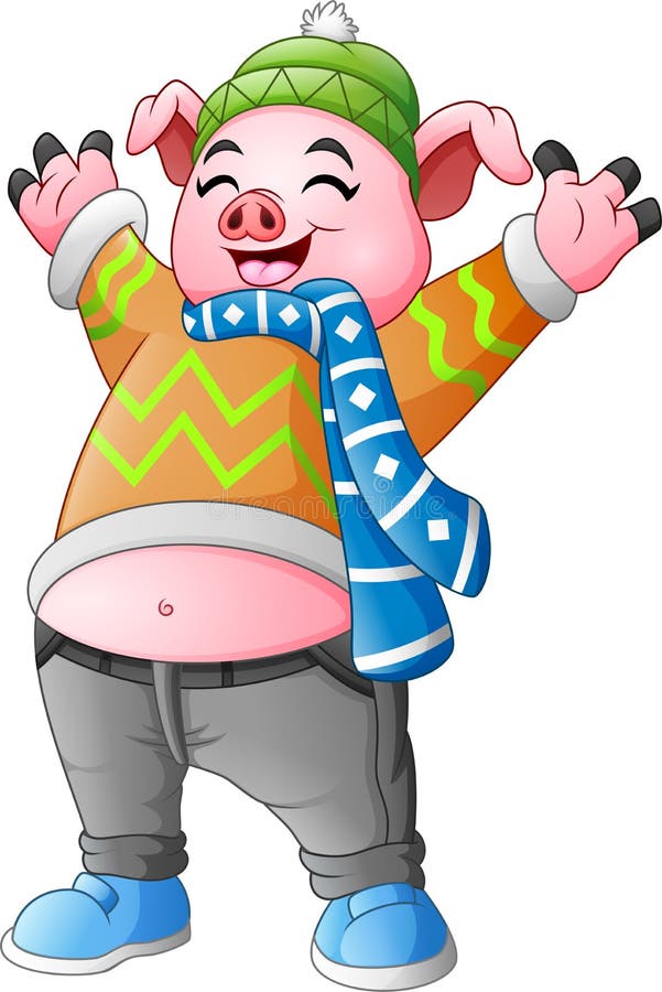 Cartoon Happy Pig in Winter Clothes Stock Vector - Illustration of ...