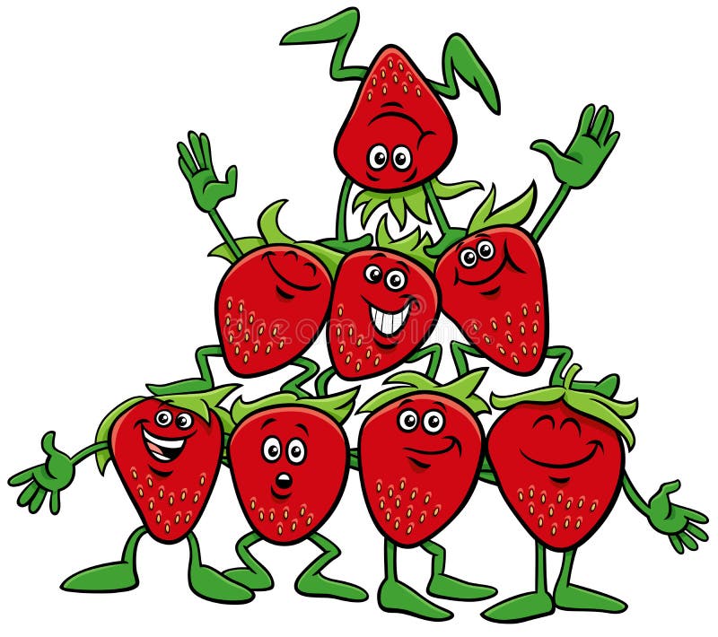 Cartoon Happy Strawberries Comic Characters Group Stock Illustration ...