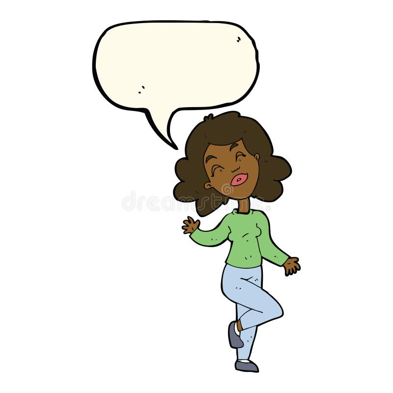 Cartoon Happy Woman Dancing with Speech Bubble Stock Illustration ...