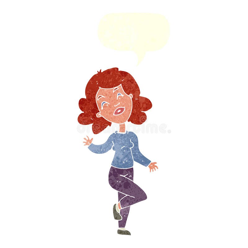 Cartoon Happy Woman Dancing with Speech Bubble Stock Illustration ...