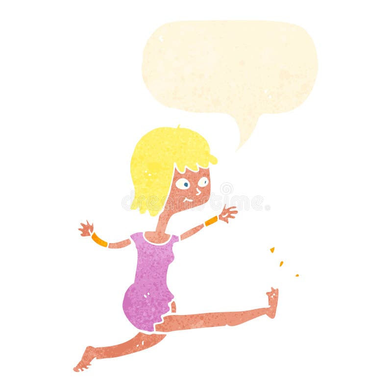Cartoon Happy Woman Kicking with Speech Bubble Stock Illustration ...