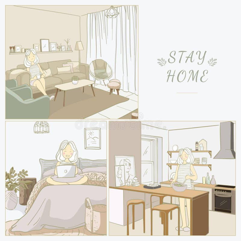 Cartoon Happy Women Stay at Home Stock Vector - Illustration of care ...