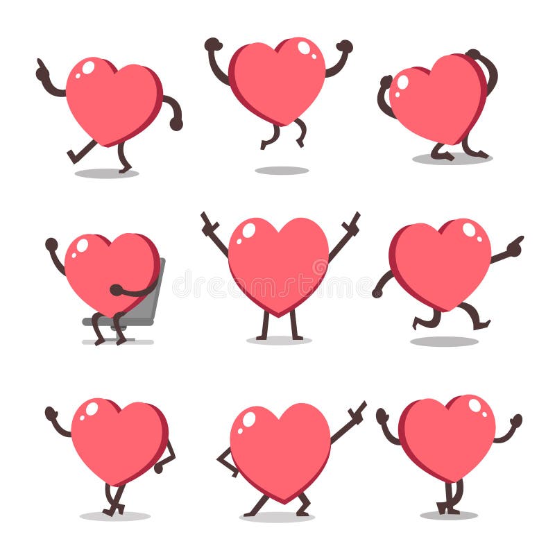 Cartoon Heart Character Poses Set Stock Vector - Illustration of happy ...