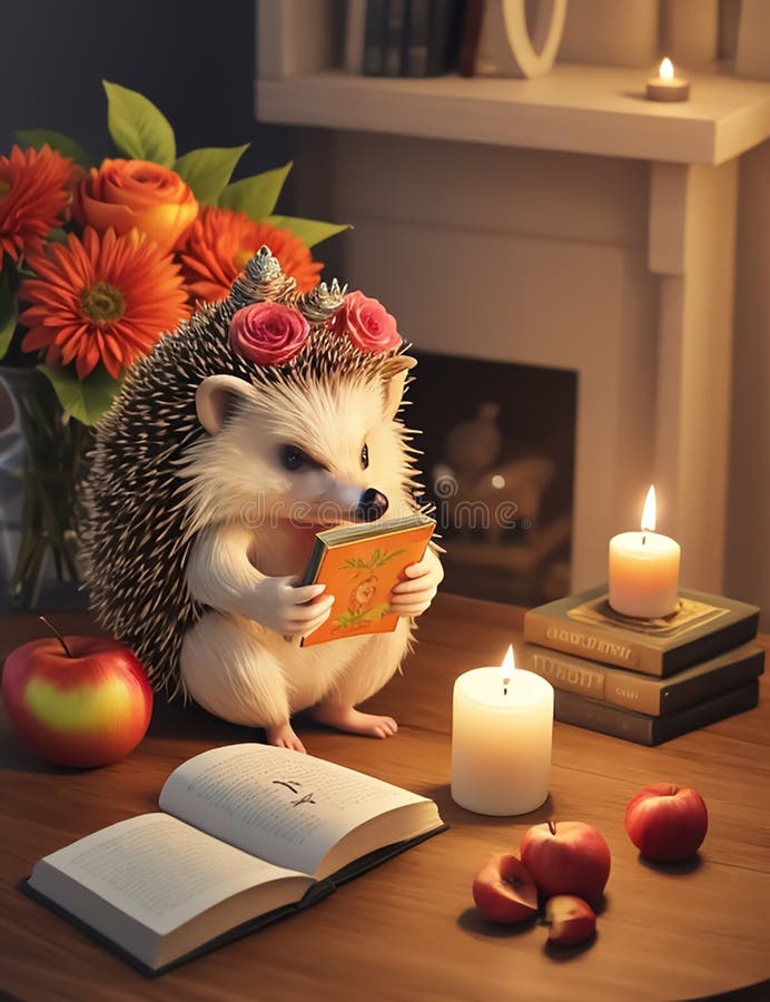 Hedgehog Reading in Library with Tiny Book Stock Illustration ...